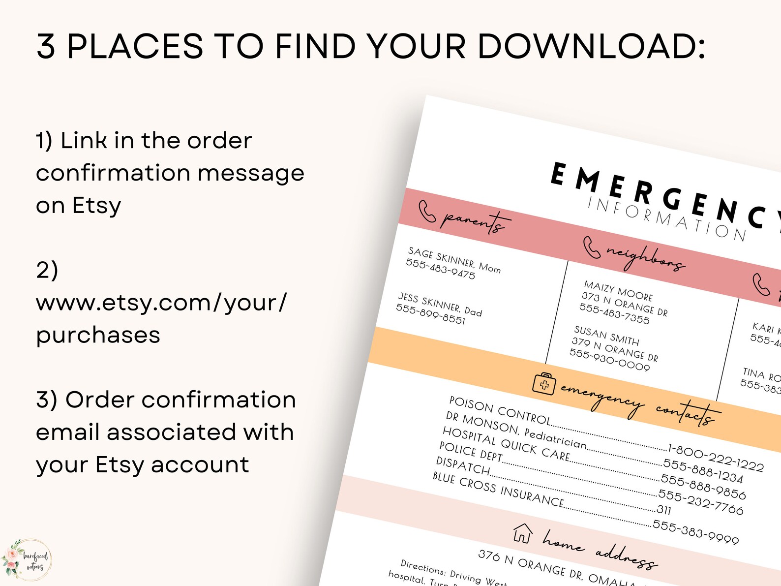 Emergency Information Sheet Editable Printable Emergency Contact Info ...