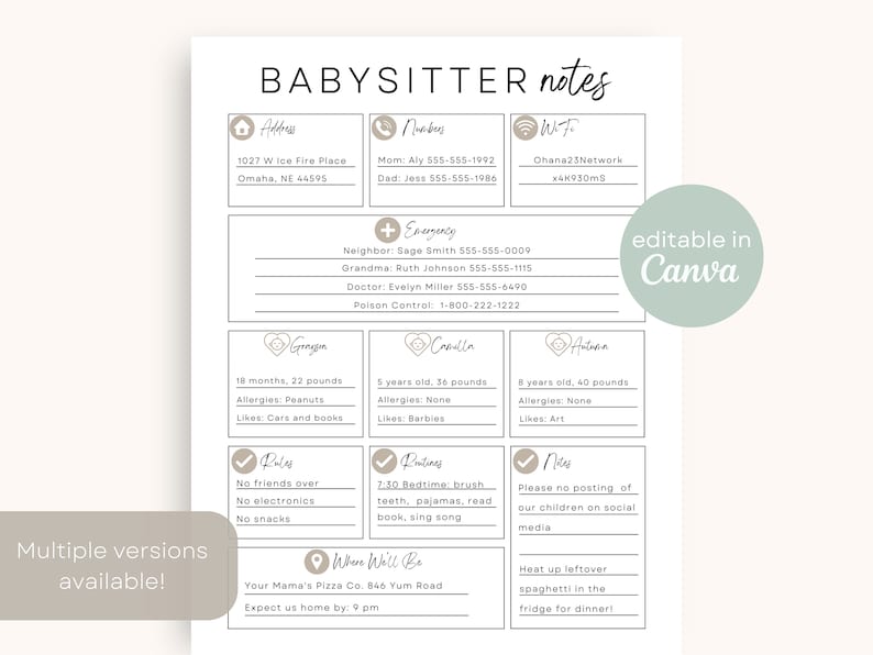 Babysitter Information Sheet | Editable Template on Canva | Babysitting ...