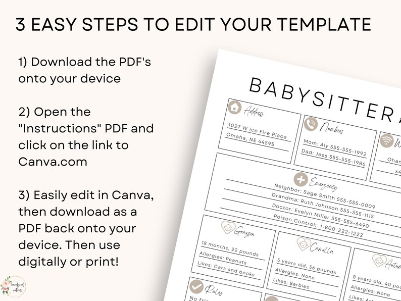 Babysitter Information Sheet | Editable Template on Canva | Babysitting ...