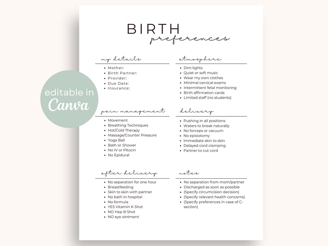 Birth Plan Template | Minimalist Editable Birth Preferences on Canva ...