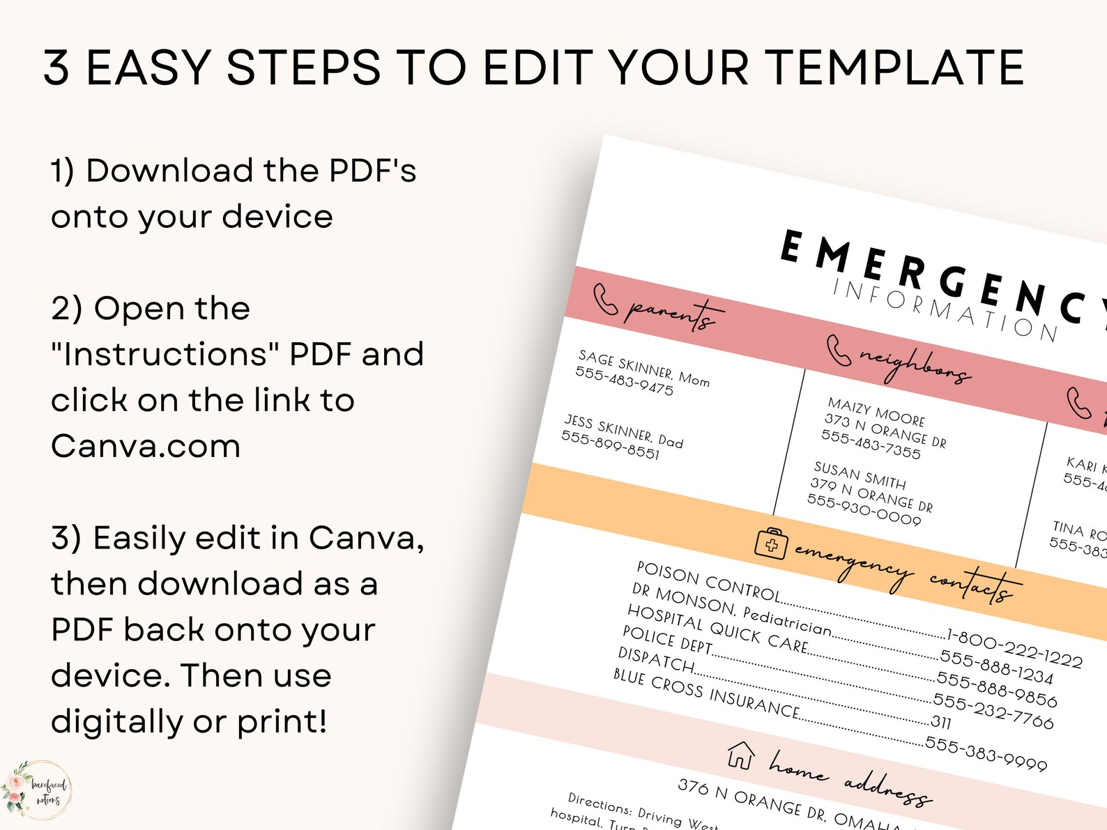 Emergency Information Sheet Editable Printable | Emergency Contact Info ...