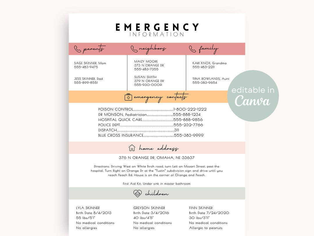 Emergency Information Sheet Editable Printable | Emergency Contact Info ...