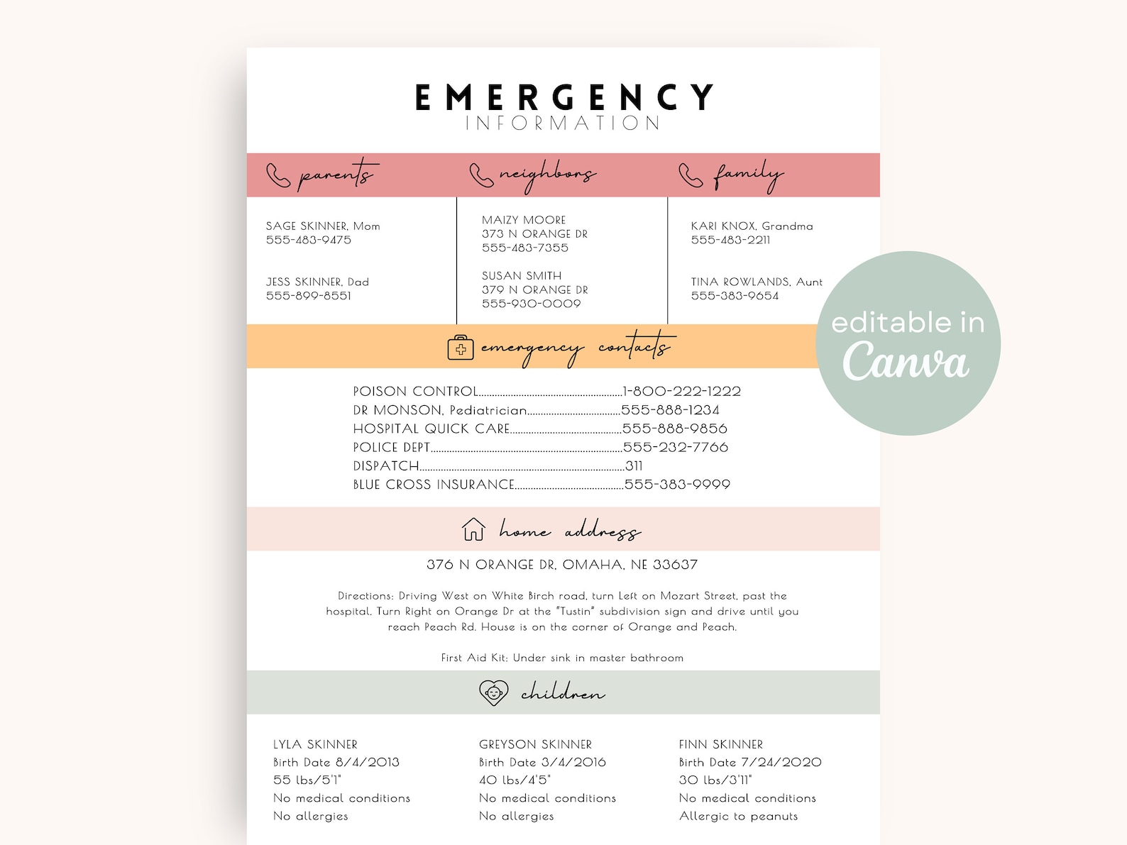 Emergency Information Sheet Editable Printable Emergency Contact Info ...