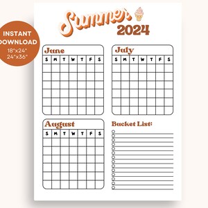 Printable Summer Calendar Poster With Bucket List for 2024 Retro June ...