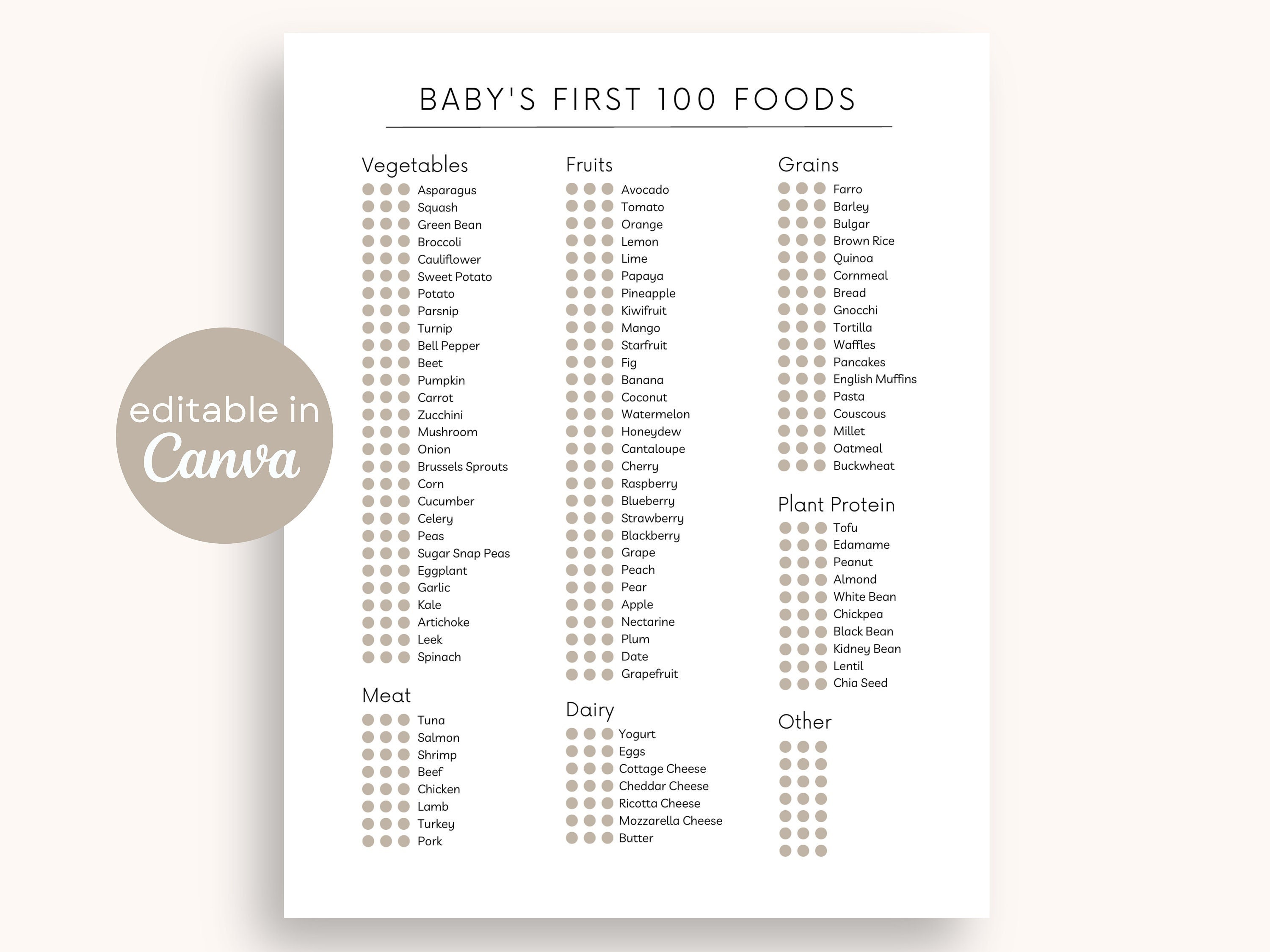 Baby First Foods Editable Printable Template | 100 First Foods Chart ...