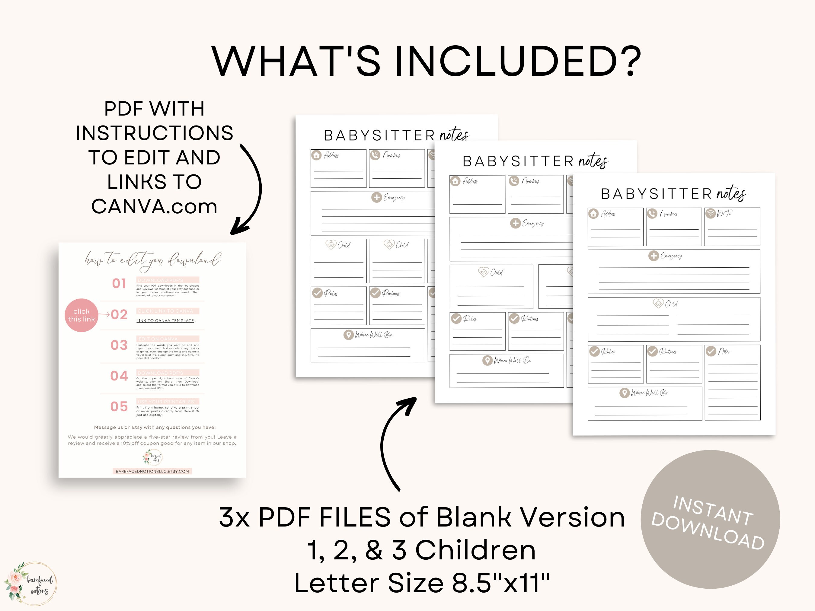 Babysitter Information Sheet | Editable Template on Canva | Babysitting ...