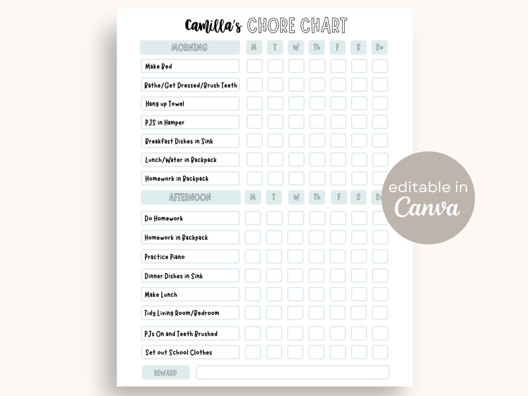 Daily Chore Chart for Kids Printable Editable Template in - Etsy