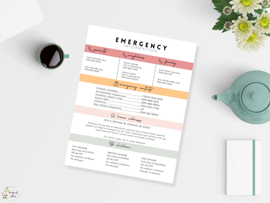 Emergency Information Sheet Editable Printable | Emergency Contact Info ...