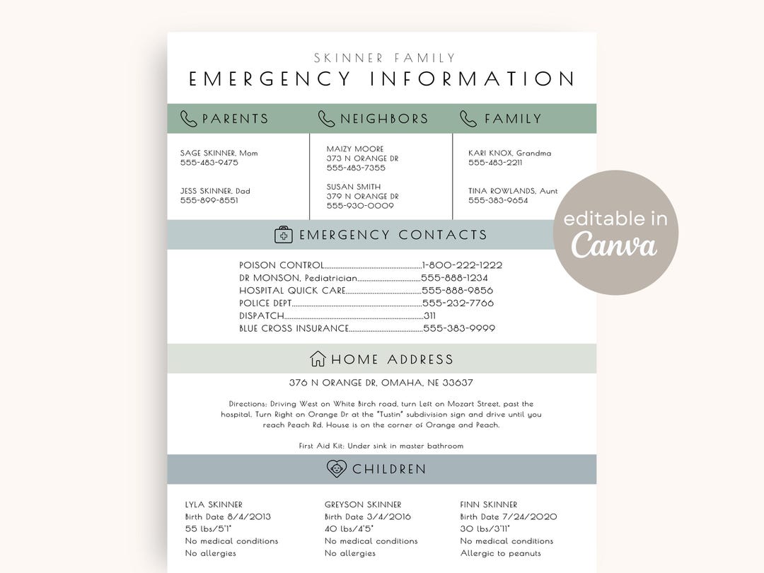 Emergency Information Sheet | Editable Emergency Contact Info Template ...