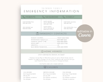Emergency Information Sheet | Editable Emergency Contact Info Template ...