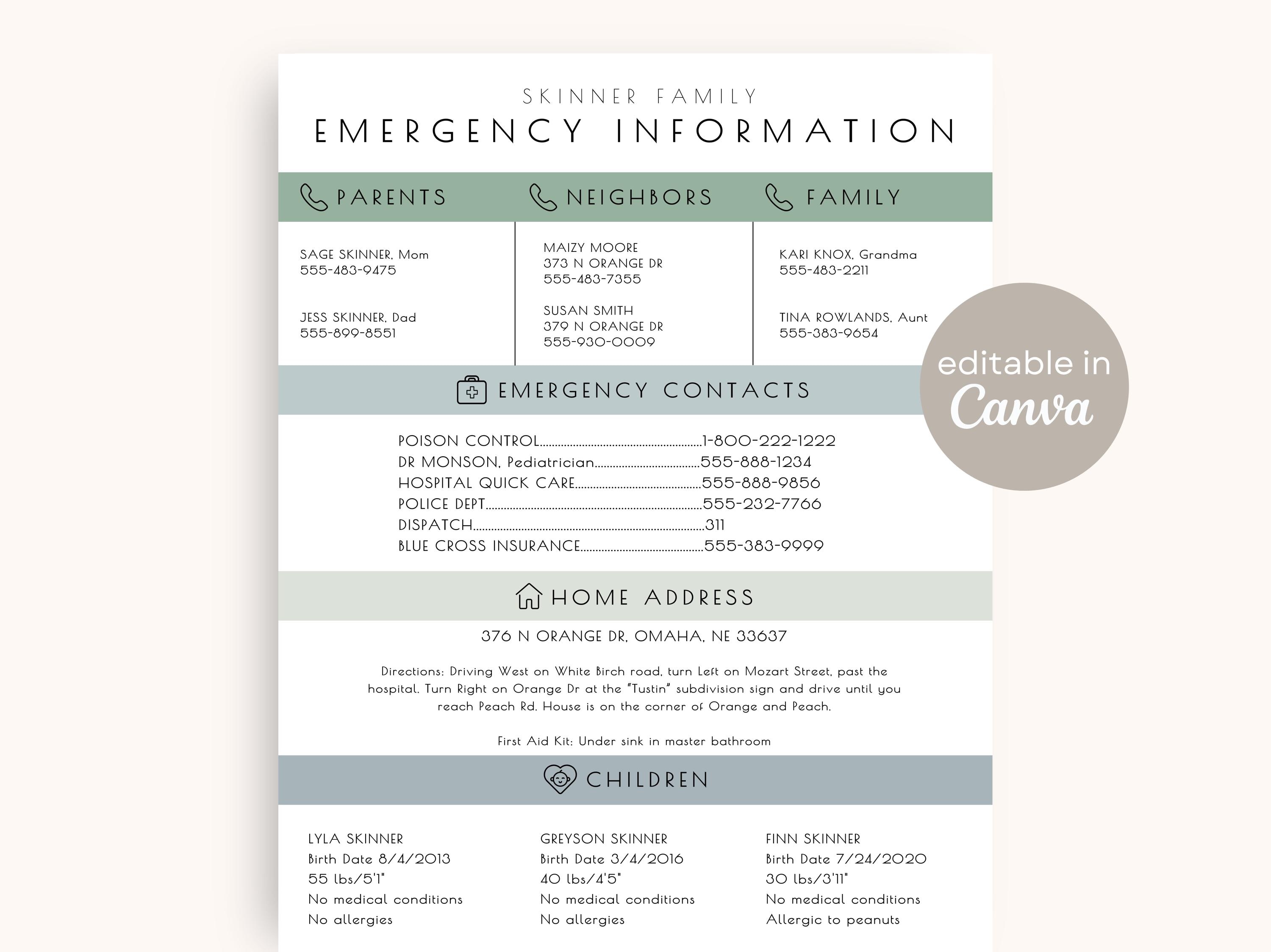 Emergency Information Sheet | Editable Emergency Contact Info Template ...