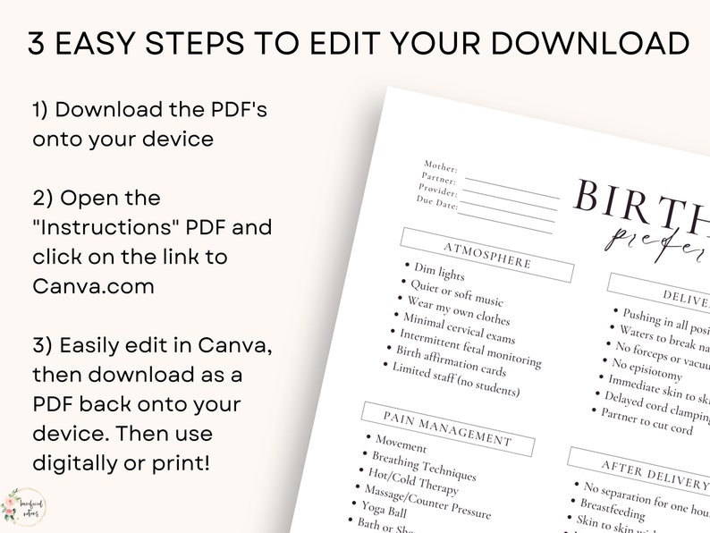 Birth Plan Template | Editable Birth Preferences on Canva Printable ...