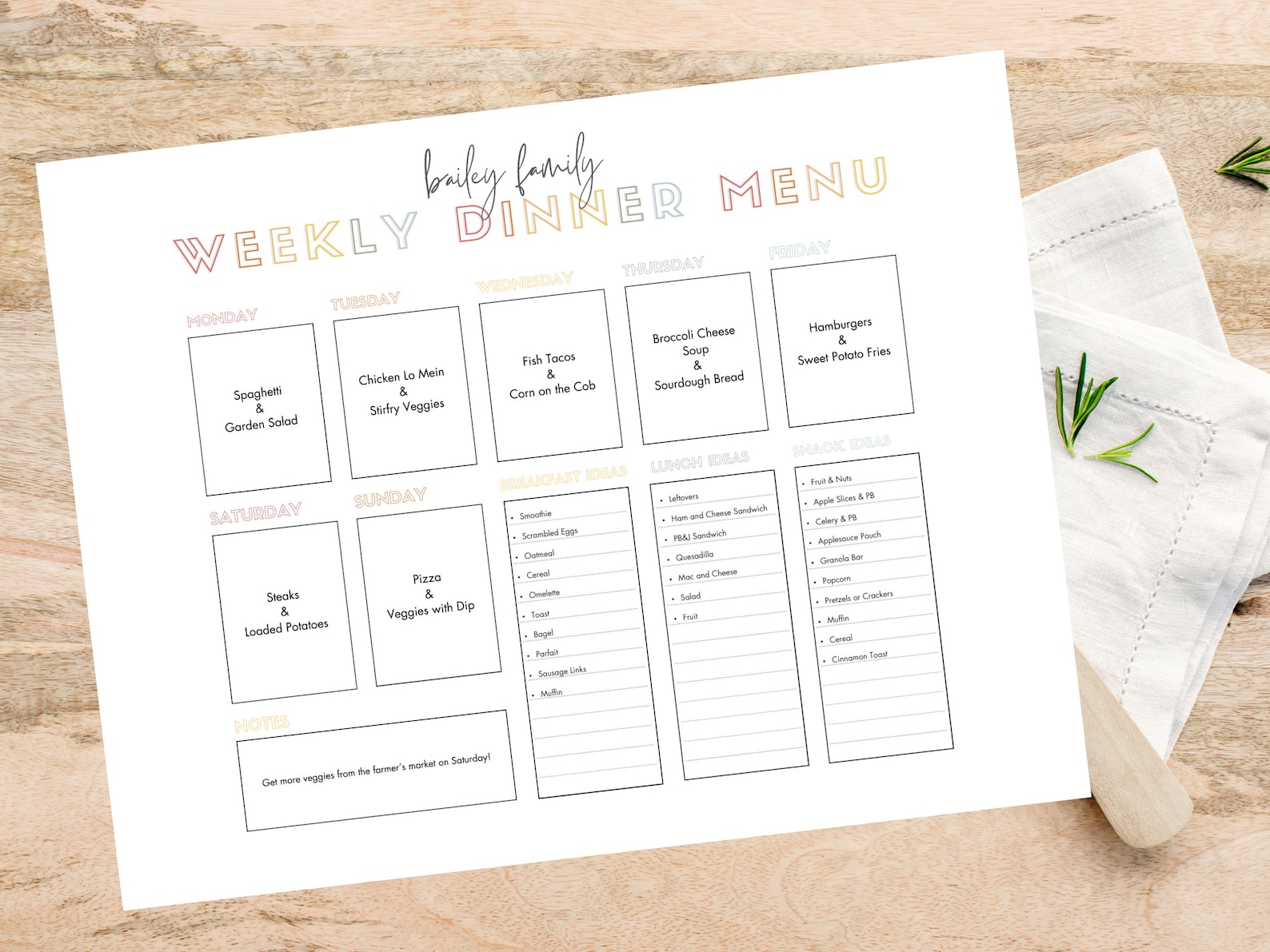 Weekly Dinner Menu Editable Printable | Family Meal Plan Rainbow ...
