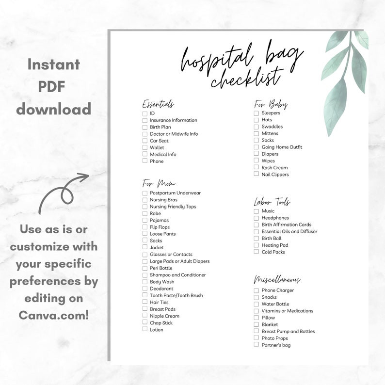 Hospital Bag Checklist Digital Download Editable Template on - Etsy