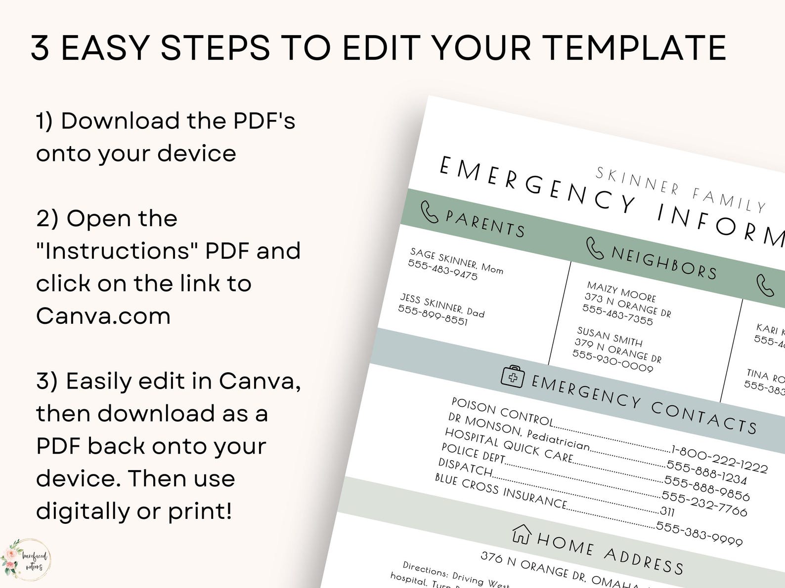 Emergency Information Sheet | Editable Emergency Contact Info Template ...