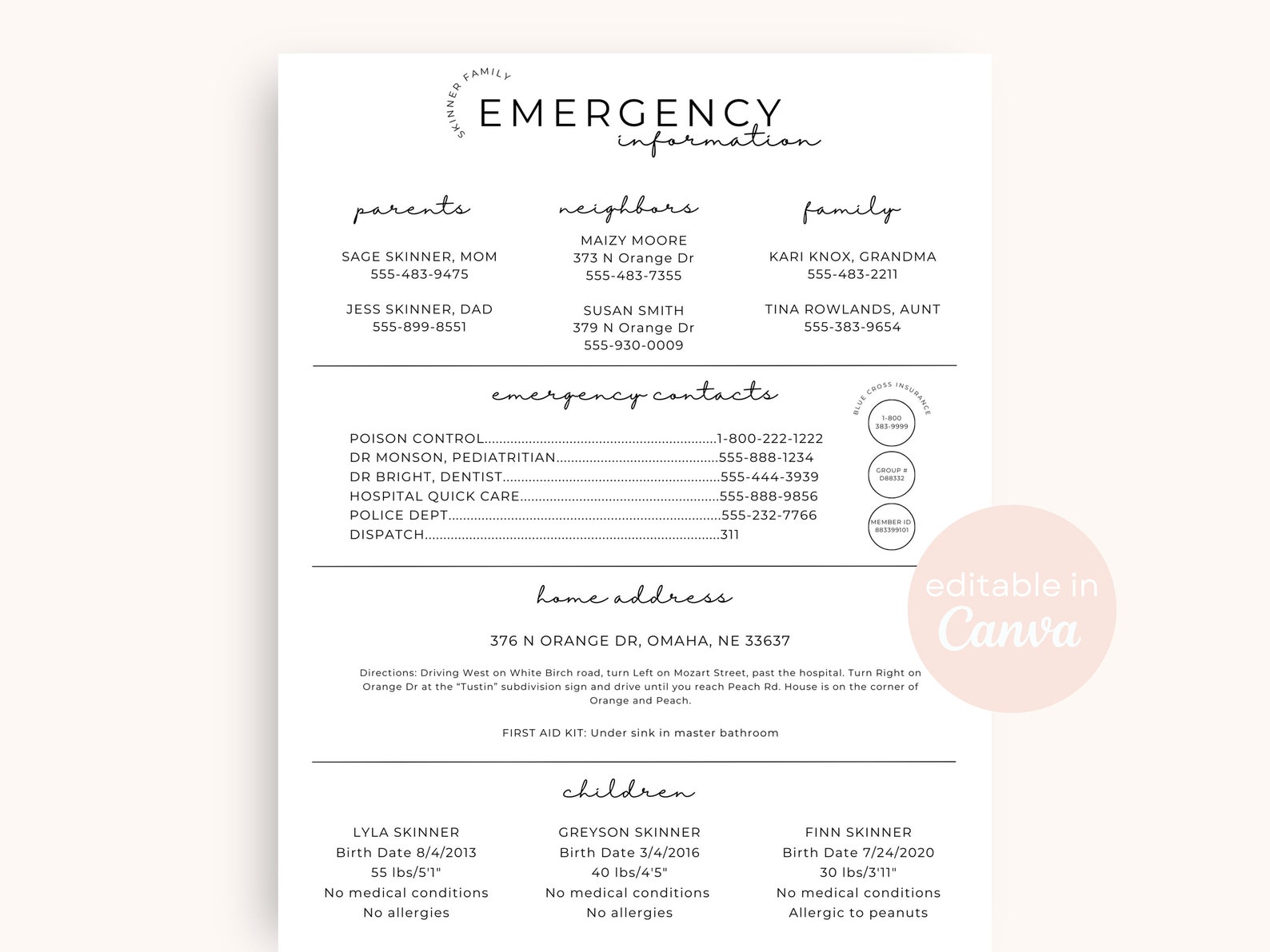 Emergency Information Sheet | Editable Emergency Contact Info Template ...