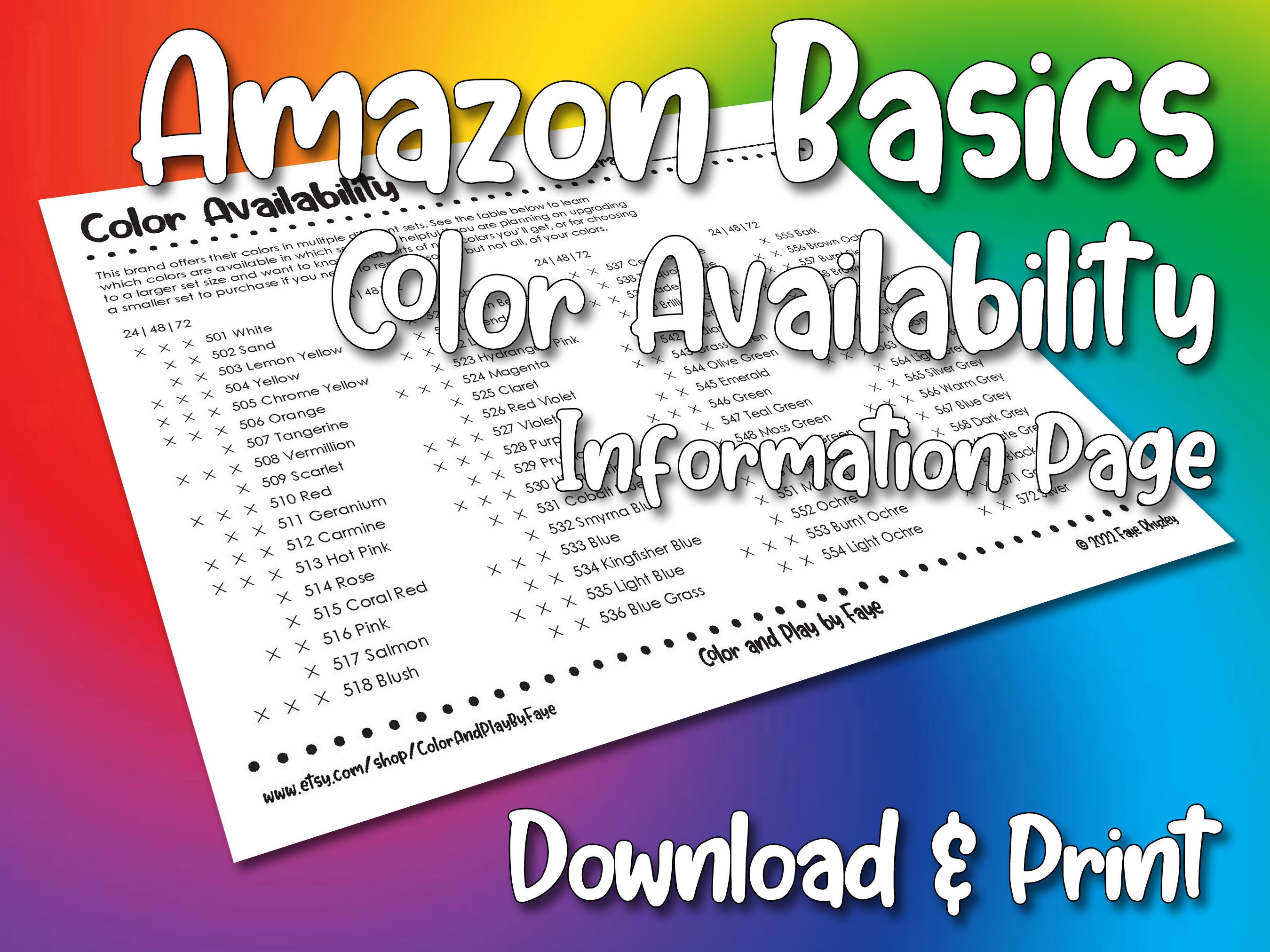 Amazon Basics Color Availability Chart DIY Colored Pencil - Etsy