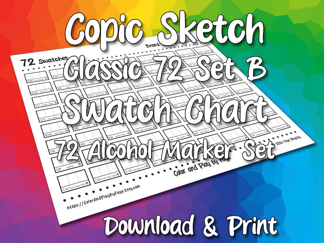 Copic 72 Swatch Chart for Sketch Set B Brush Tip Alcohol Marker Set | DIY Printable PDF Color ...