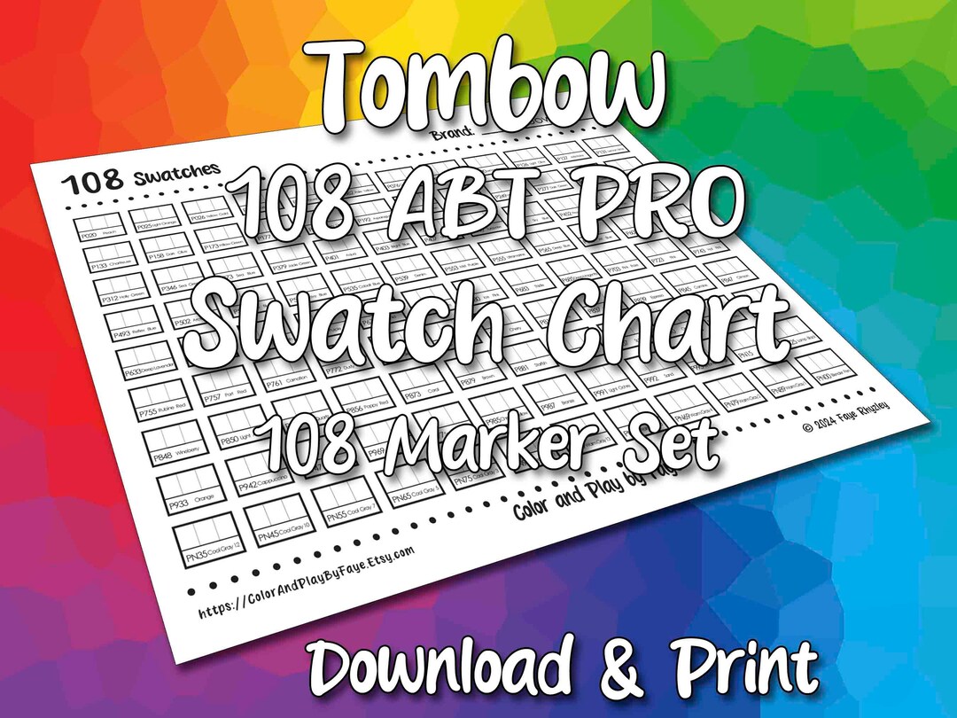 Tombow 108 Swatch Chart for ABT Pro Marker Set | Printable PDF Color ...
