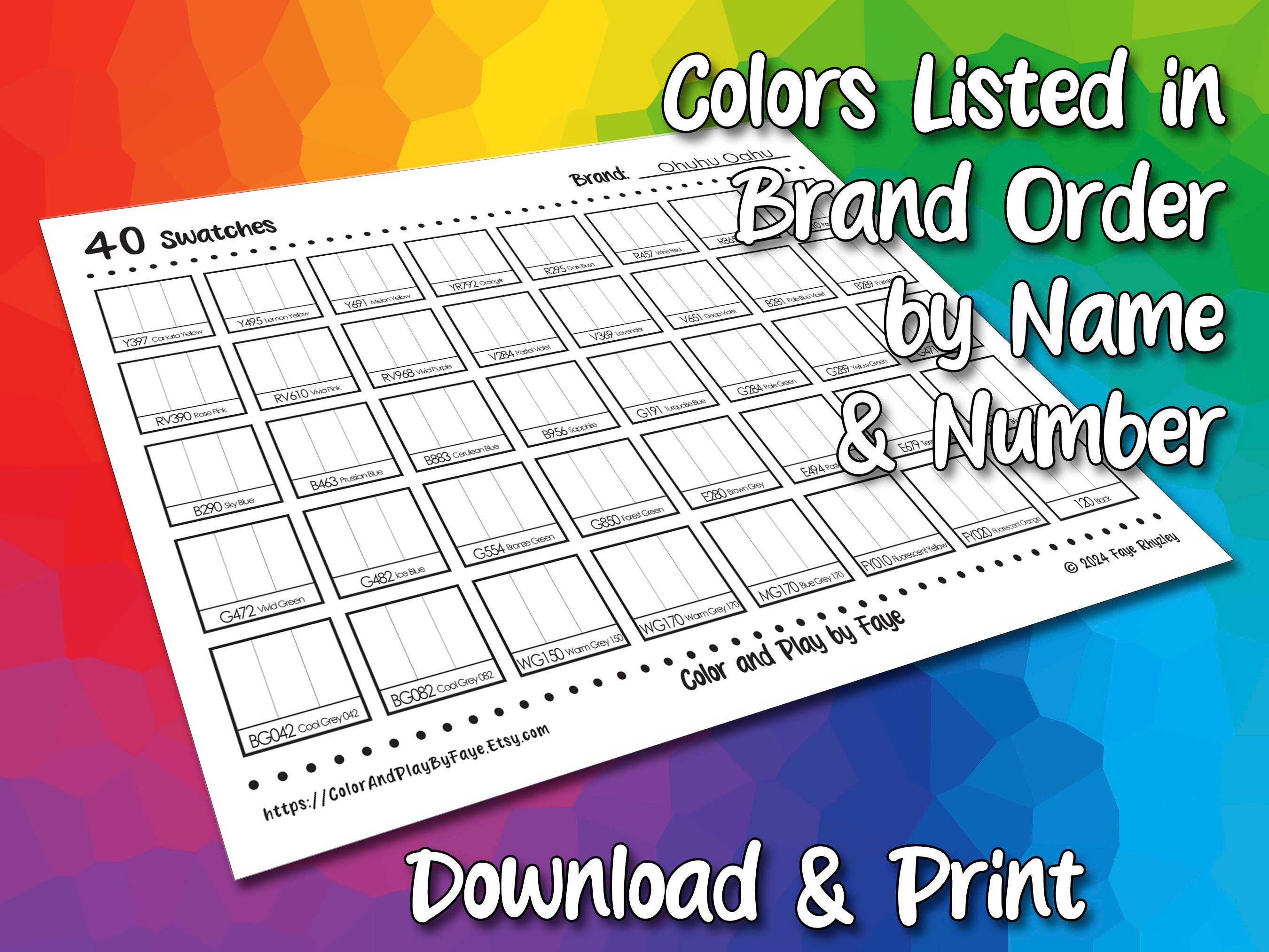 Ohuhu Oahu 40 Marker Swatch Blank Chart Printable DIY Color Chart ...