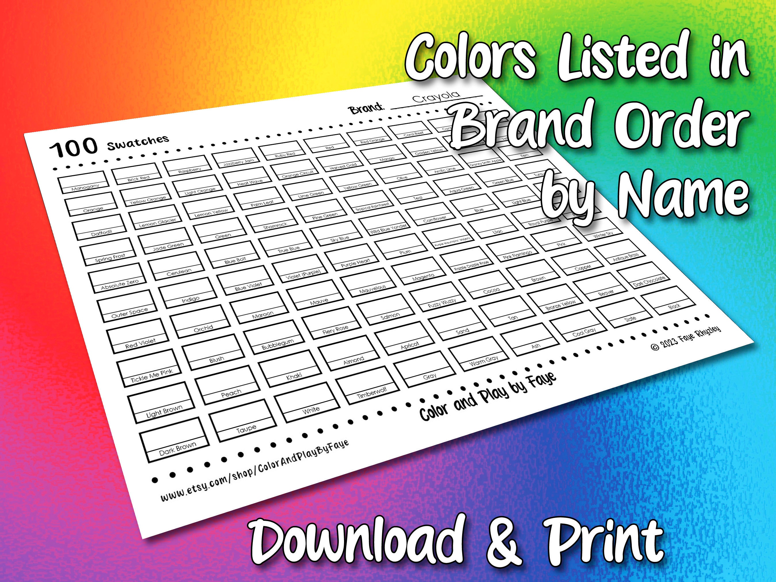 Crayola 100 Swatch Chart for Colored Pencil Set | DIY Printable PDF ...