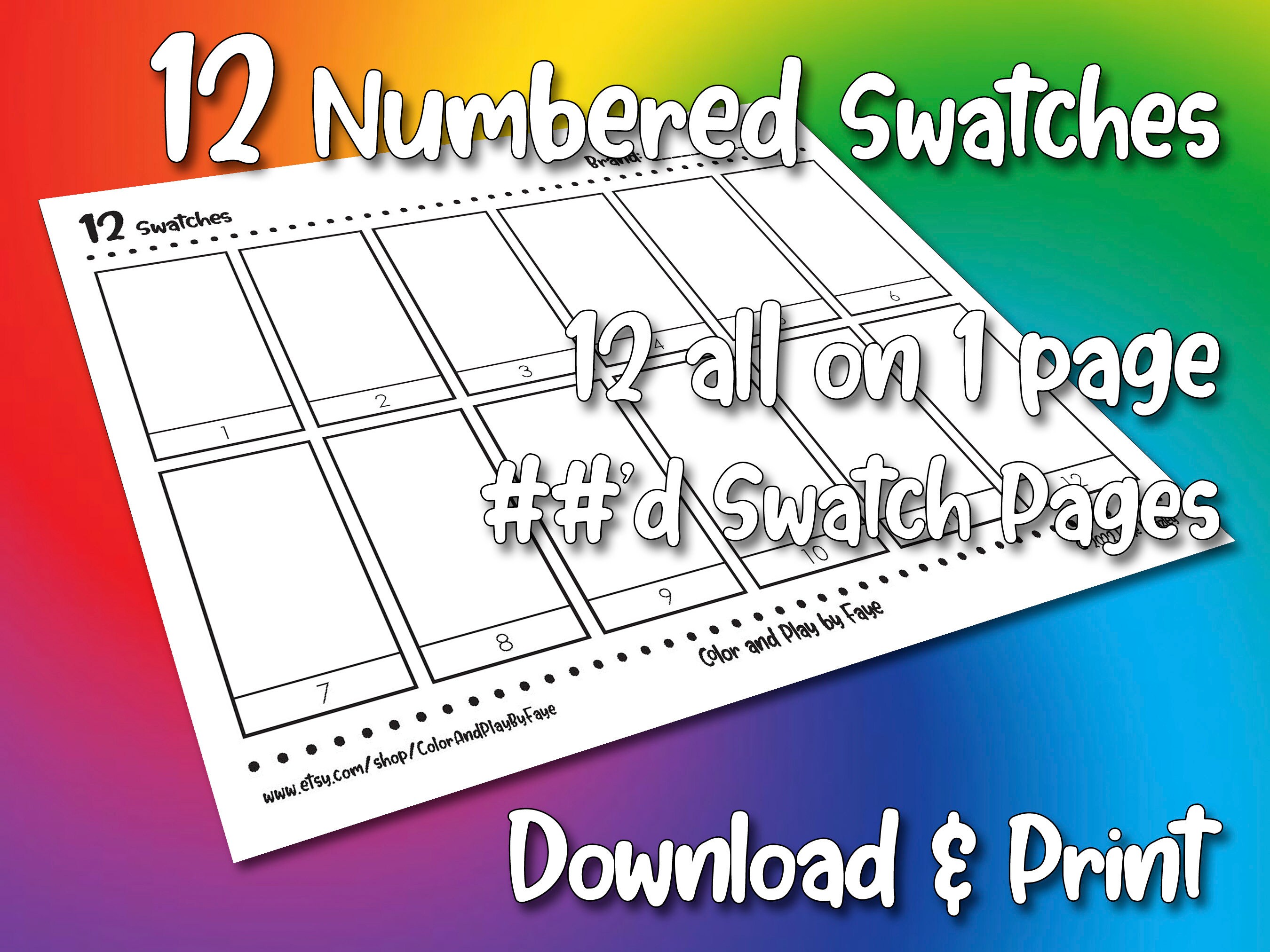 Numbered 1-12 Swatch Chart Printable Page Set of 12 DIY Color Chart ...