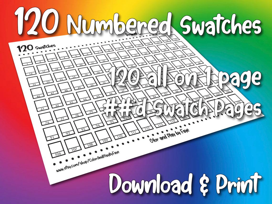 Numbered 1-120 Swatch Chart Printable Page Set of 120 DIY Color Chart ...