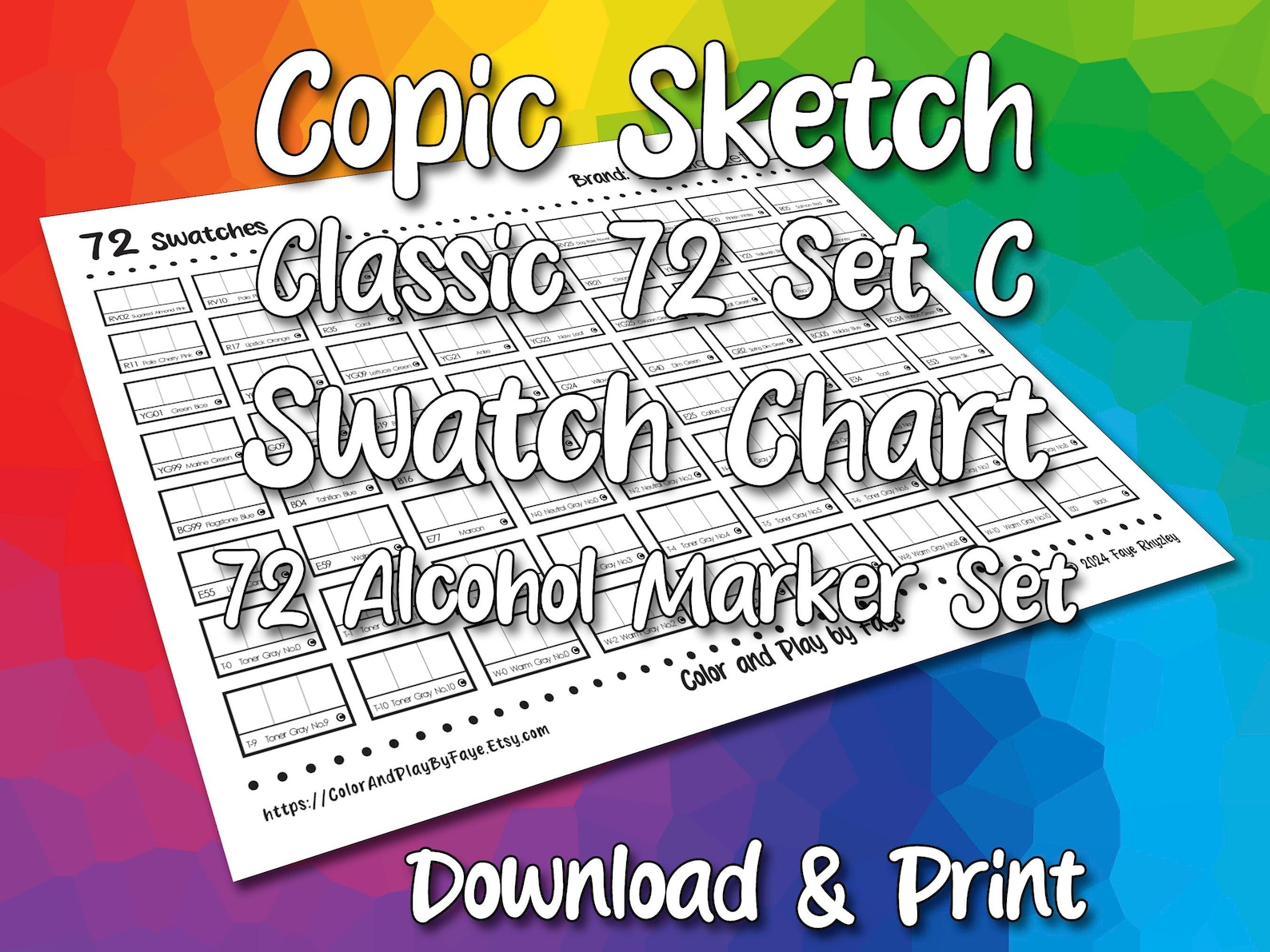Copic Sketch 72 Swatch Chart for Set C Brush Tip Alcohol Marker Set ...