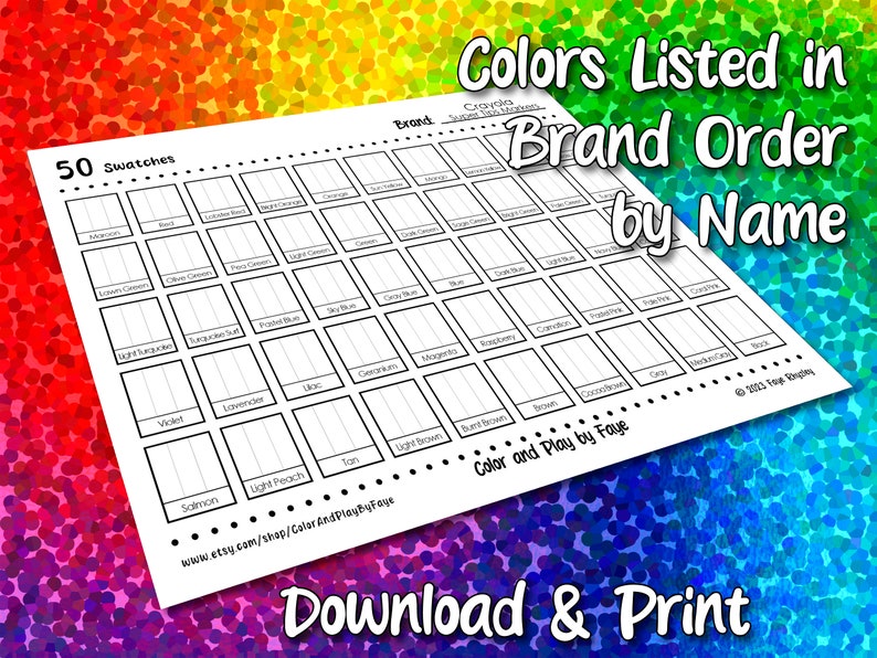 Crayola Super Tips 50 Swatch Chart for Marker Set | DIY Printable PDF ...