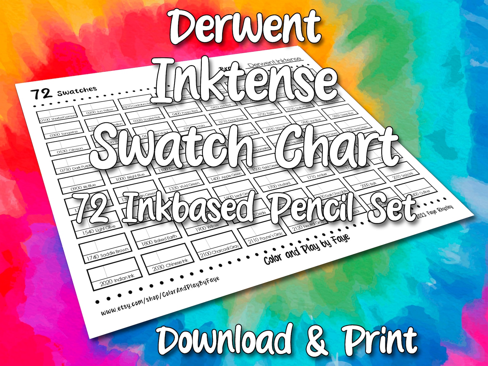 Inktense 72 Swatch Chart for Pencil Set | DIY Printable PDF Color Chart ...