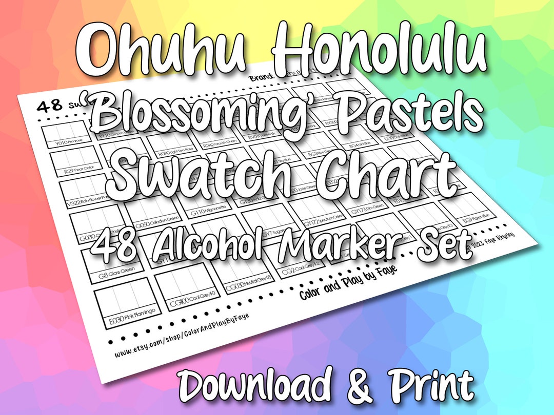 Ohuhu 48 Swatch Chart for Honolulu New Pastel Brush Tip Alcohol Marker ...
