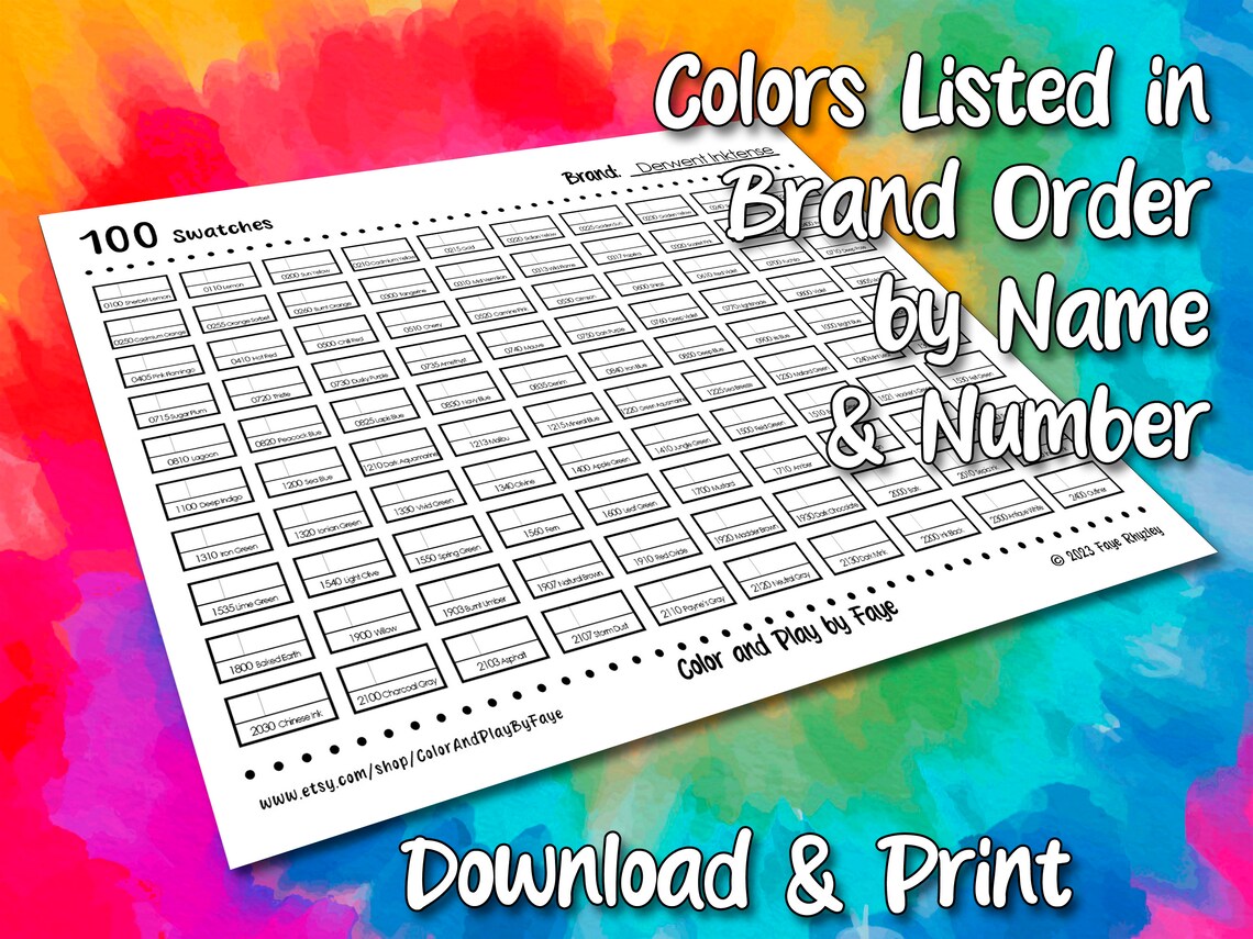 Derwent Inktense 100 Swatch Chart for Pencil Set | DIY Printable PDF ...