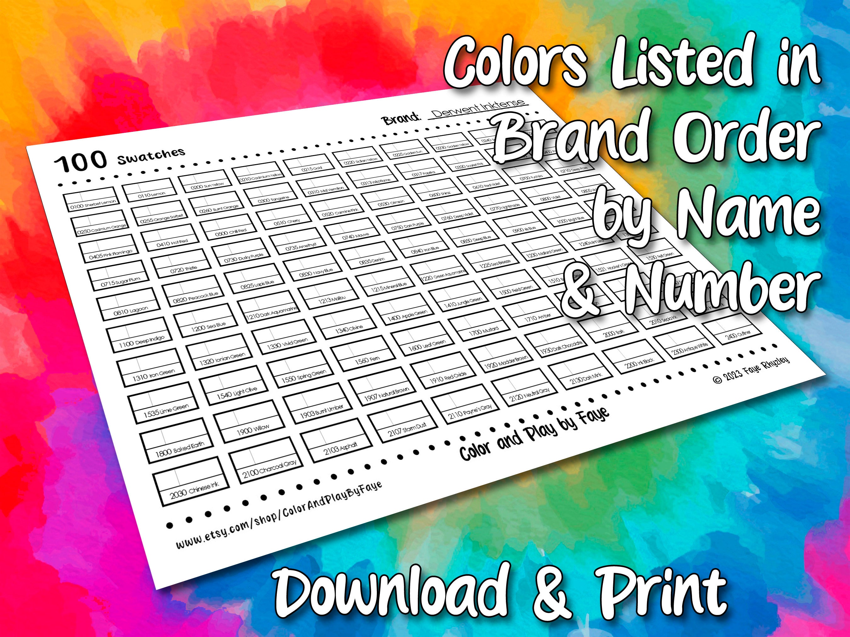 Derwent Inktense 100 Swatch Chart for Pencil Set | DIY Printable PDF ...