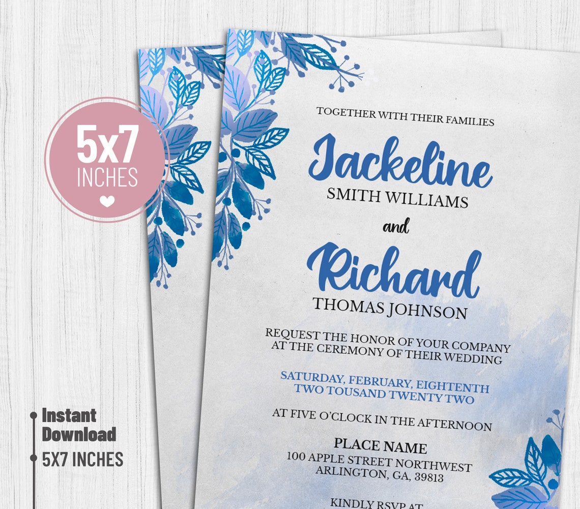 Blue Floral Wedding Invitation. Blue Themed Wedding. 5x7 Editable ...