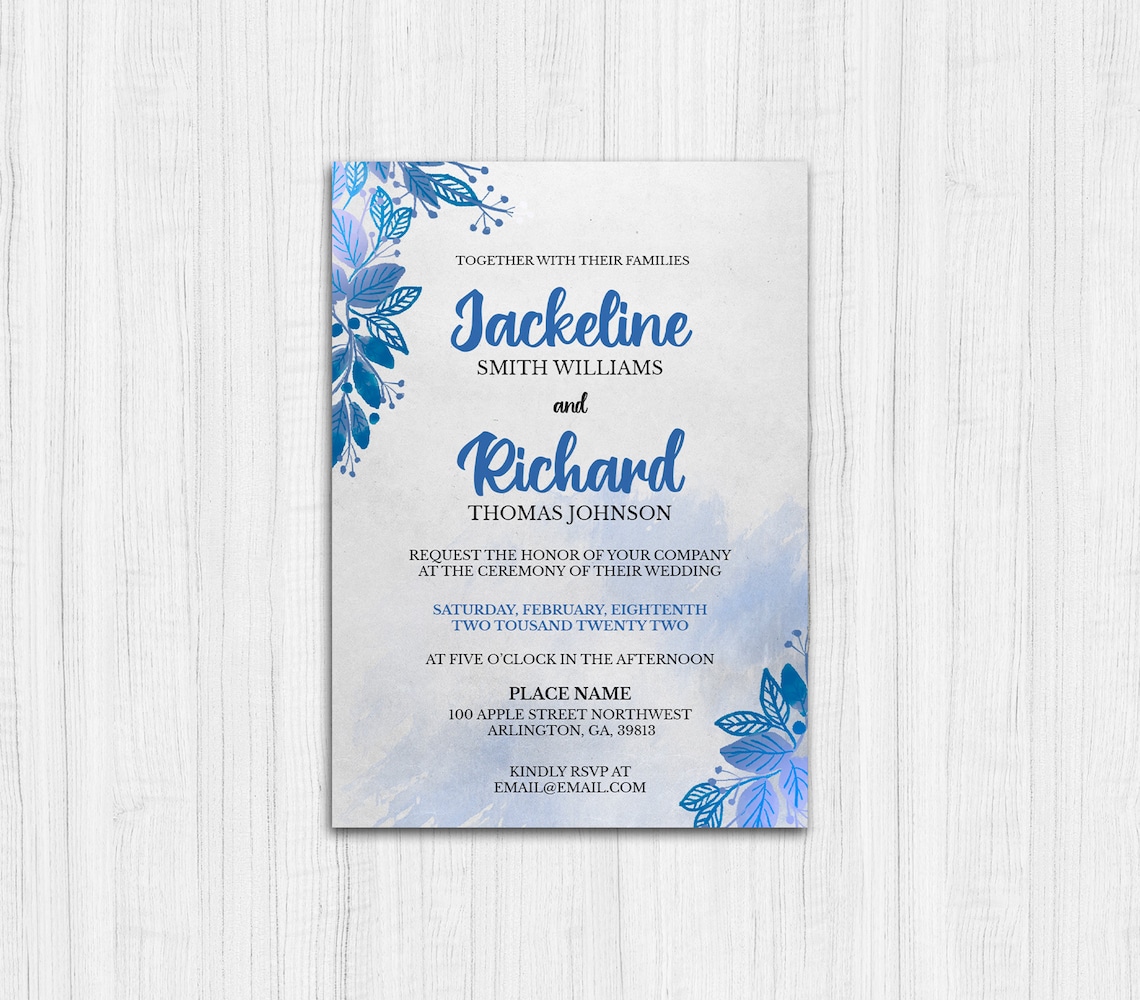 Blue Floral Wedding Invitation. Blue Themed Wedding. 5x7 Editable ...