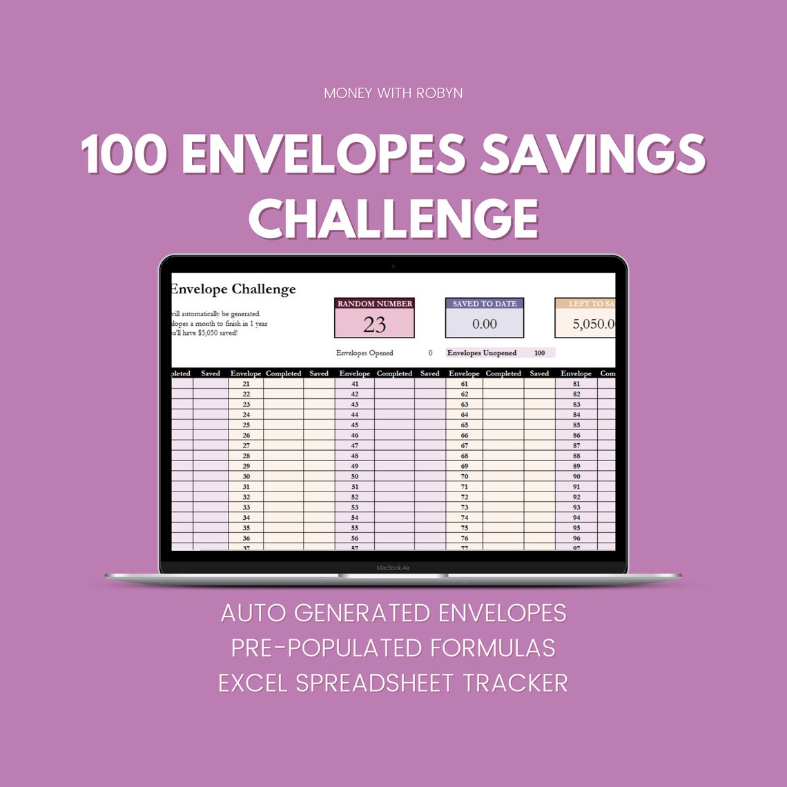 100 Envelopes Savings Challenge Excel Spreadsheet Progress Tracker ...