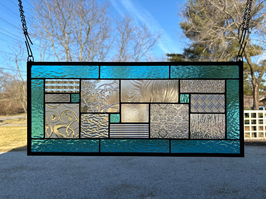 Turquoise Blue Geometric Stained Glass Panel, 9.5" X 21.5", - Etsy