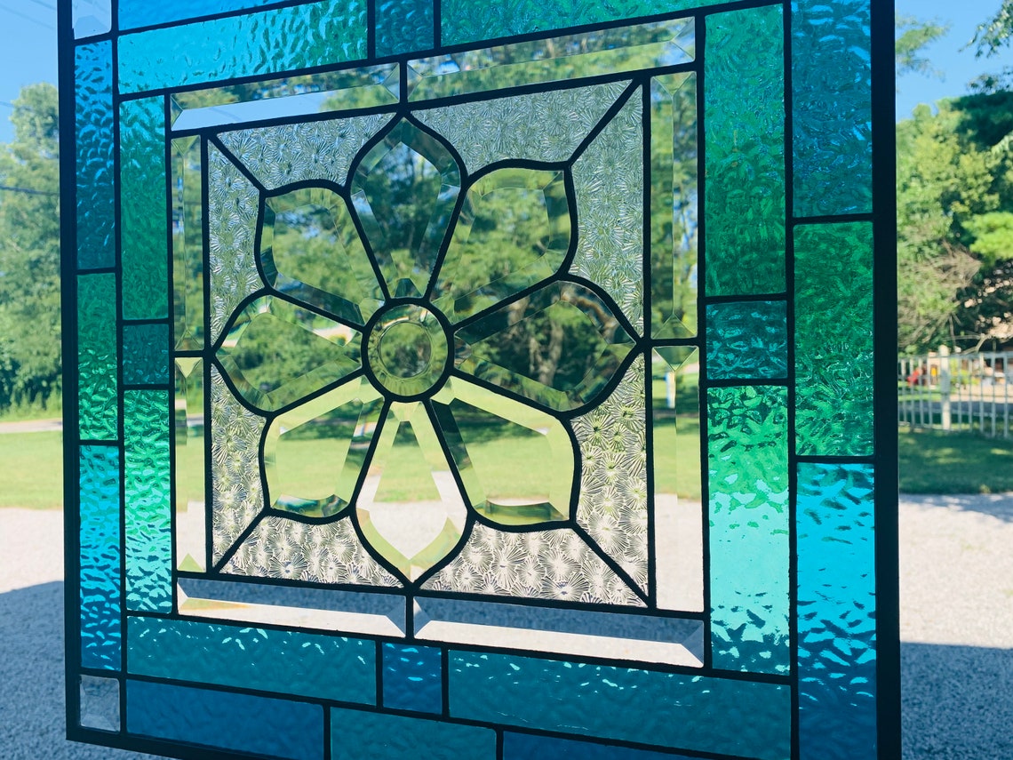 Honeydewglass Teal and Turquoise Stained Glass Panel With - Etsy