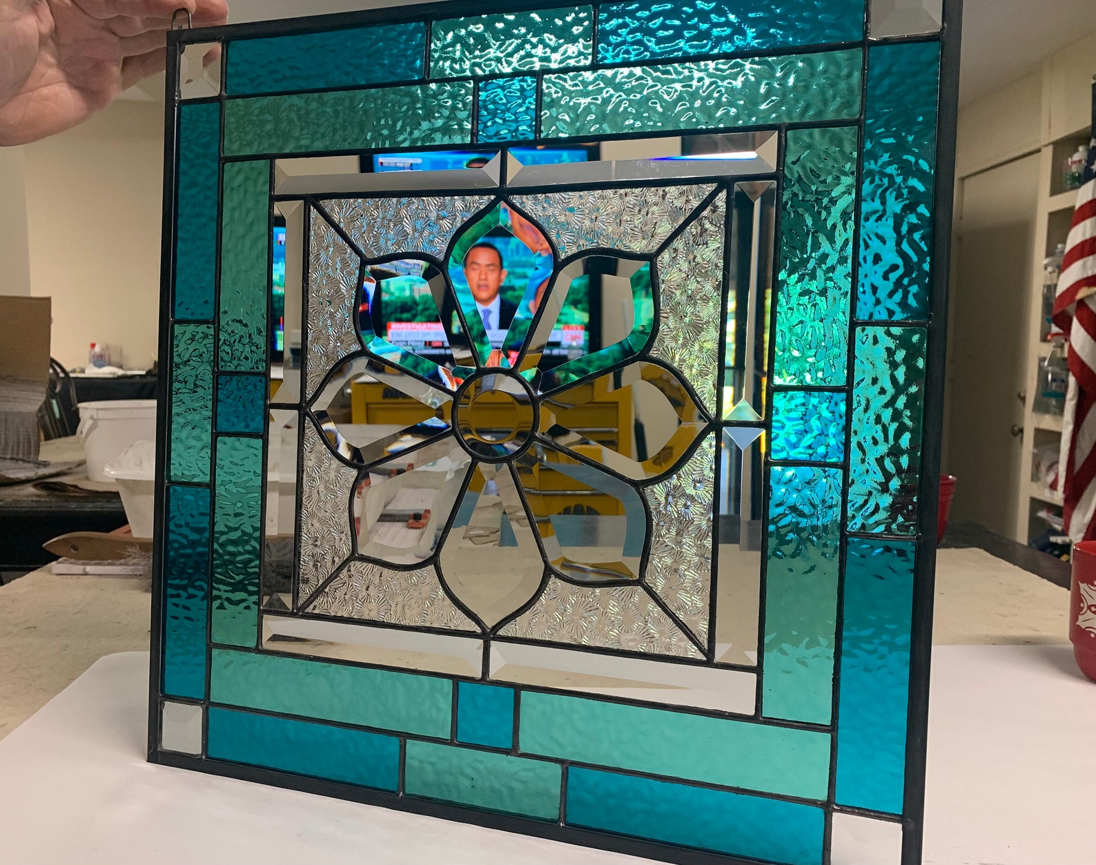 Honeydewglass Teal and Turquoise Stained Glass Panel With - Etsy
