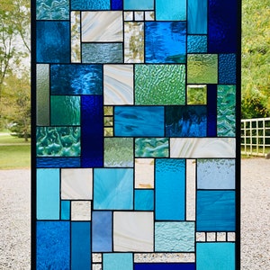 Blue and White Geometric Stained Glass Panel With Bevel Accents | 20" X ...