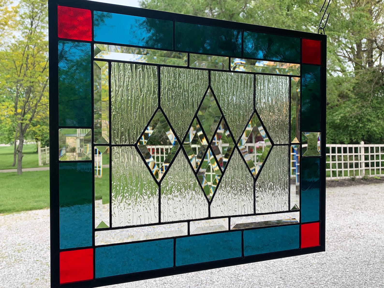 Honeydewglass Smokey Blue and Red Diamond Stained Glass Window Panel ...