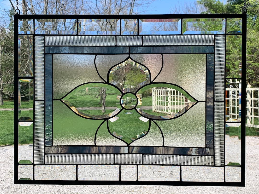 Honeydewglass Smokey Blue Wispy Stained Glass Window With Flower ...