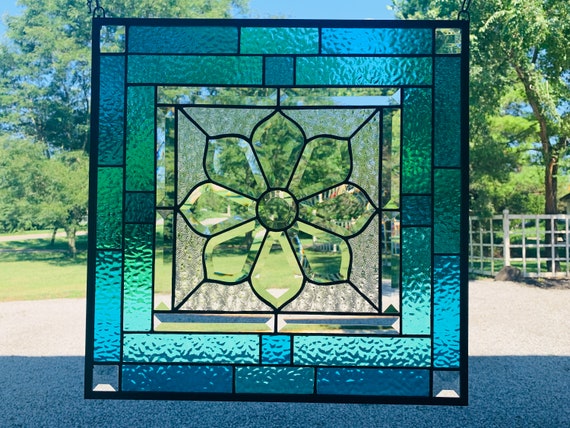 Honeydewglass Teal and Turquoise Stained Glass Panel With - Etsy