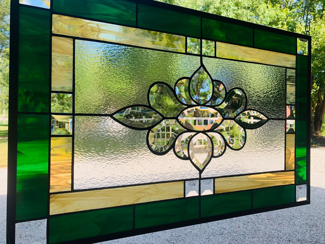 Honeydewglass Green and Gold Stained Glass Window Panel With - Etsy