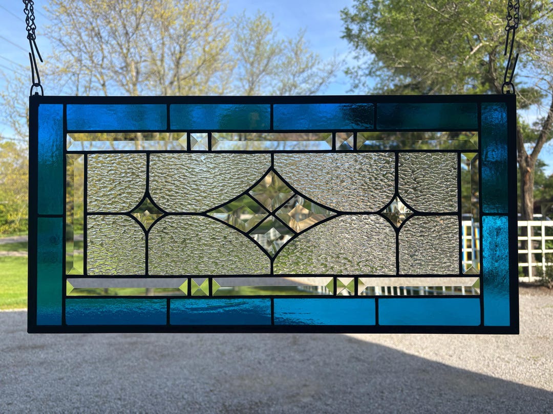 Blue Glass Panel | 11.5" X 23.5" | Beveled Stained Glass Window ...