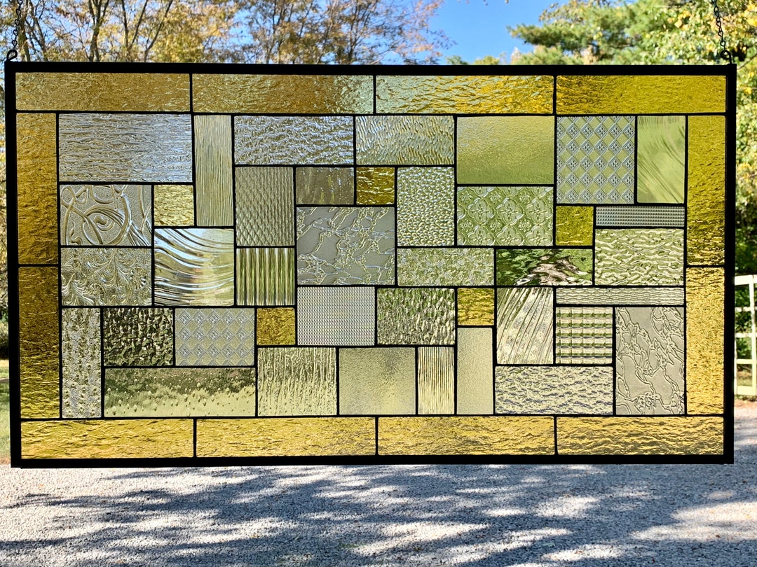 Honeydewglass Large Gold Geometric Stained Glass Panel, 20" X 36" - Etsy
