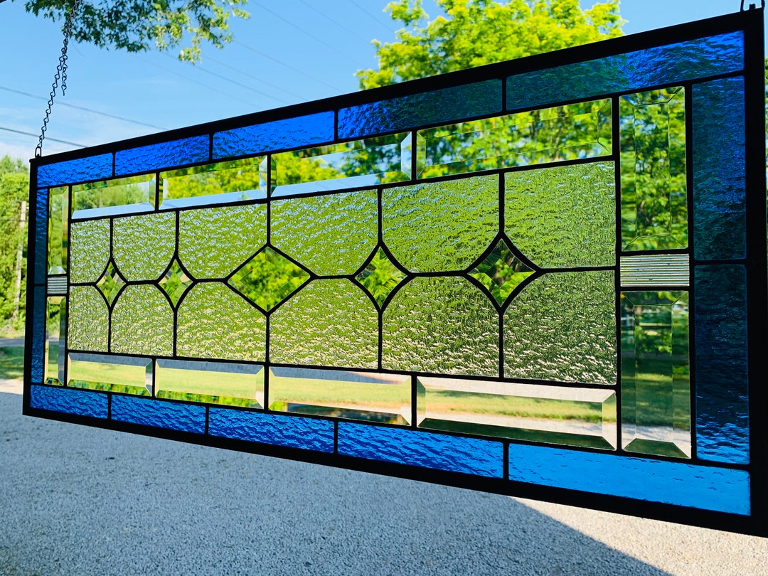 Blue Beveled Stained Glass Window Panel | Handmade Home Decor (14.75" X ...