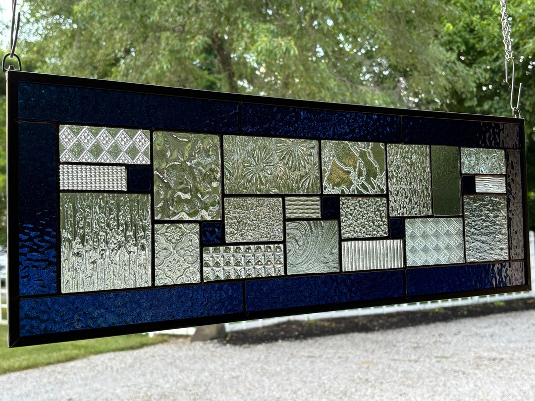 Honeydewglass Dark Navy Geometric Stained Glass Panel - Etsy