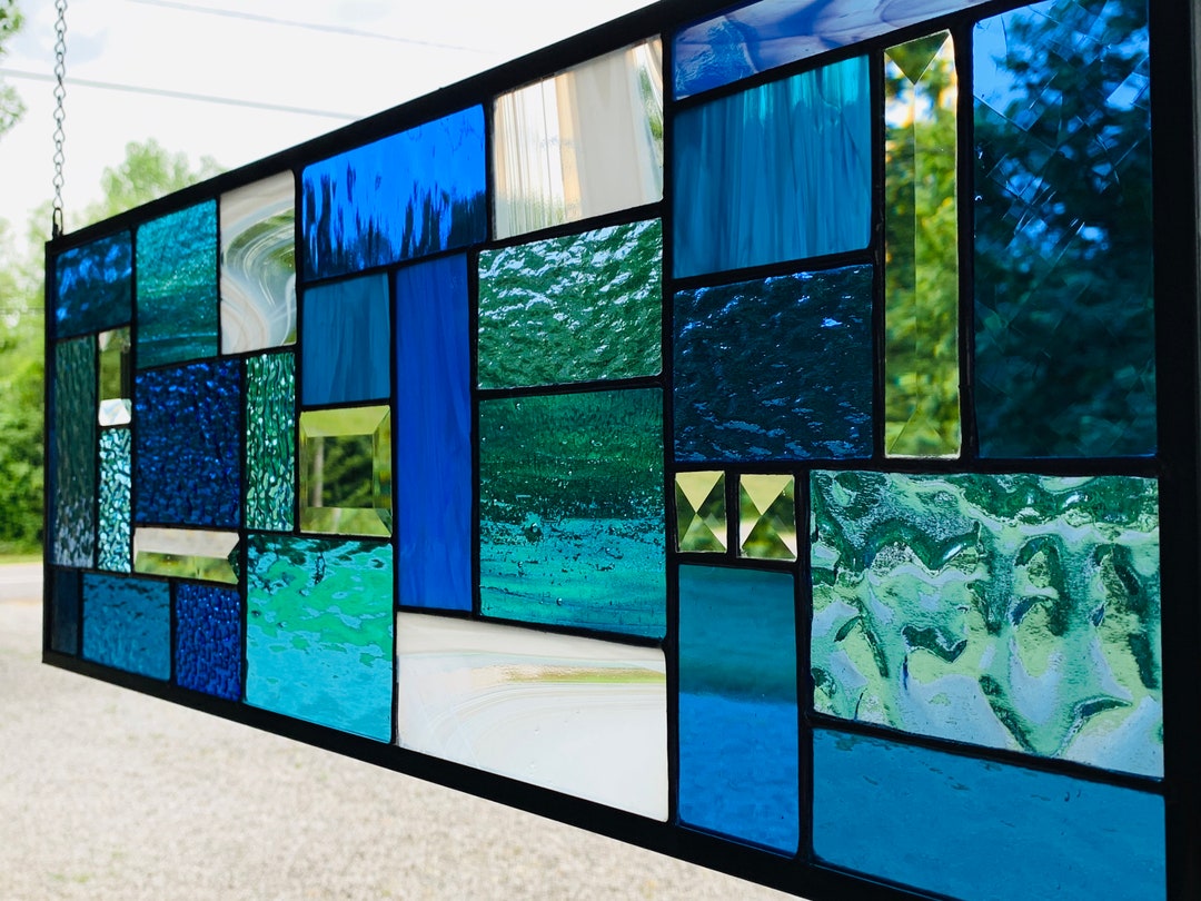 Geometric Stained Glass Panel in Blues, Turquoise, White & Bevels ...