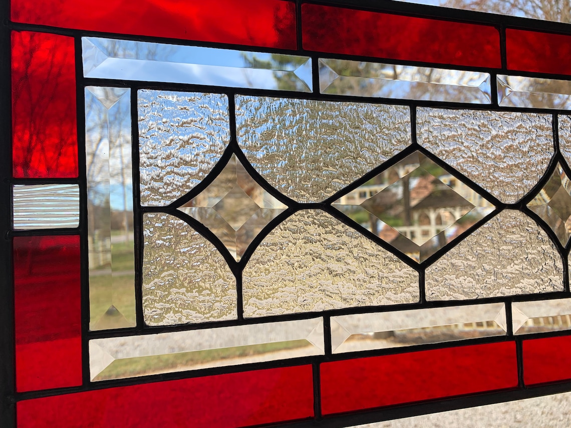 Honeydewglass Diamond Stained Glass Panel With Ruby Red - Etsy
